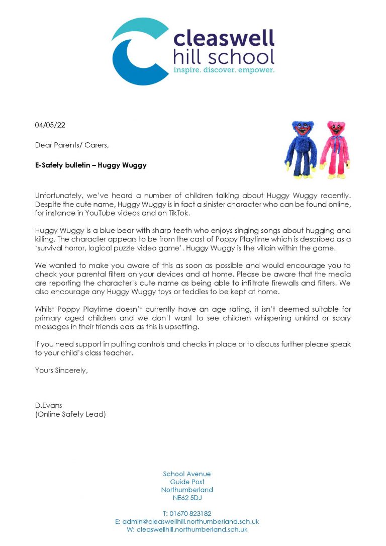 e-Safety letter - Huggy Wuggy - Cleaswell Hill School